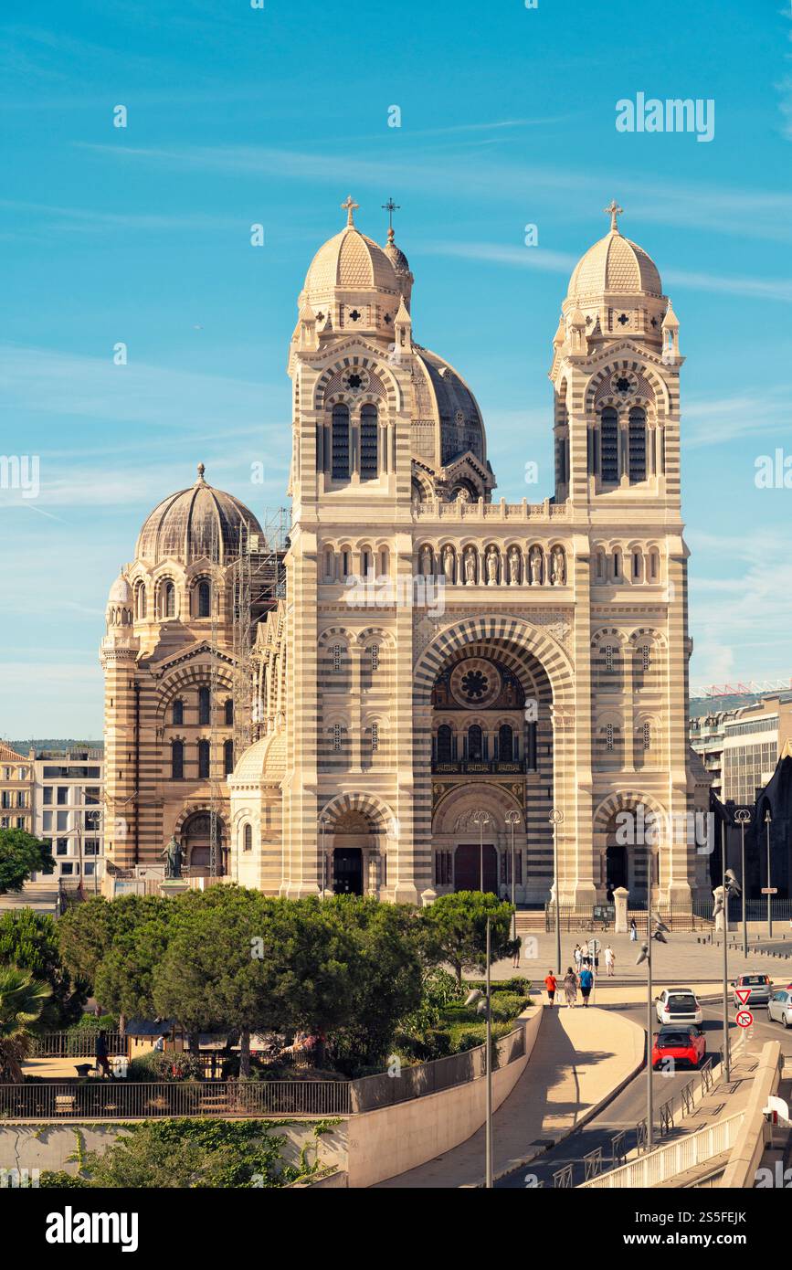 Majestic cathedral de Mayor of Marseille with two domed towers under a ...
