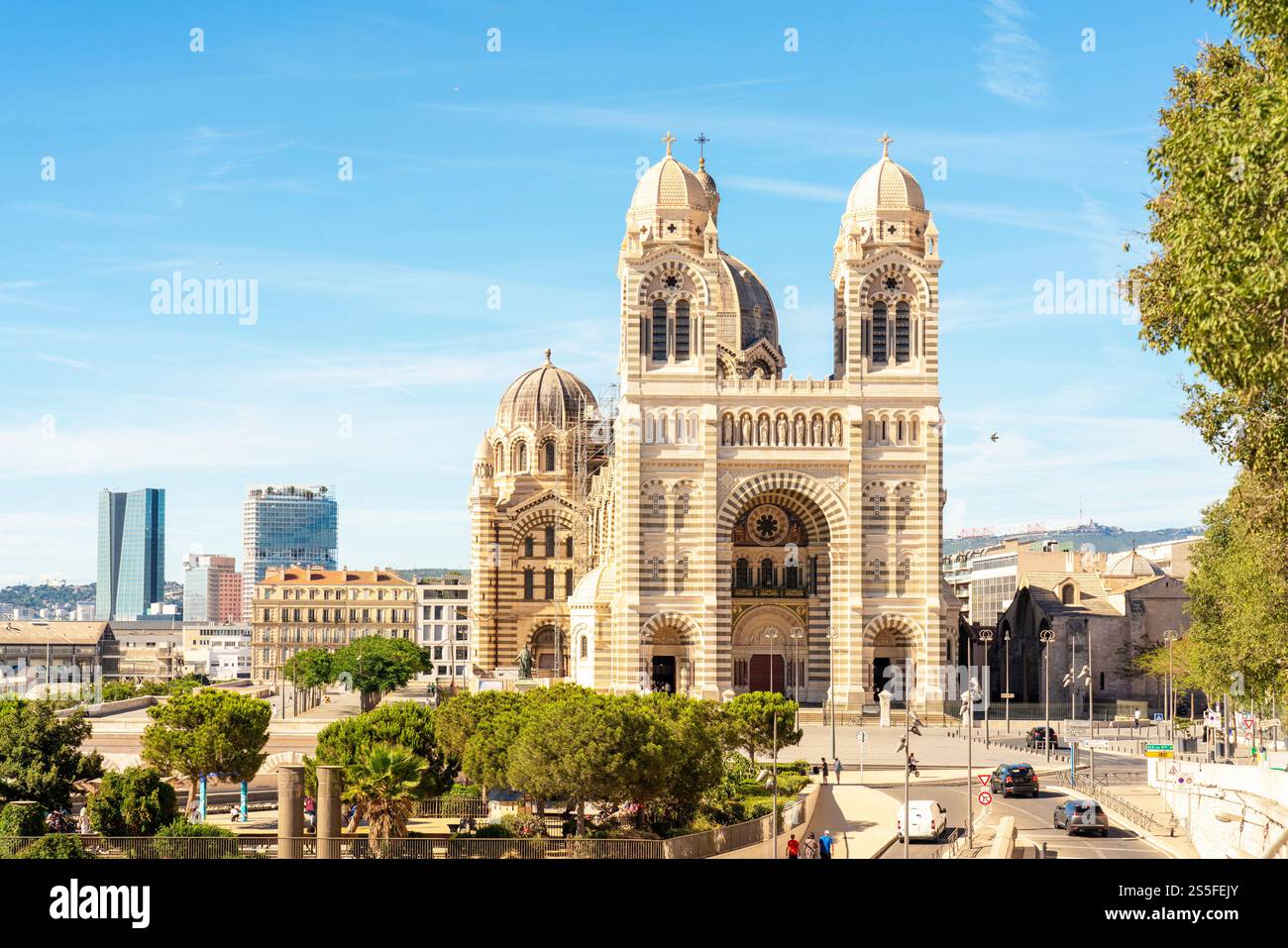 Majestic cathedral de Mayor of Marseille with two domed towers under a ...