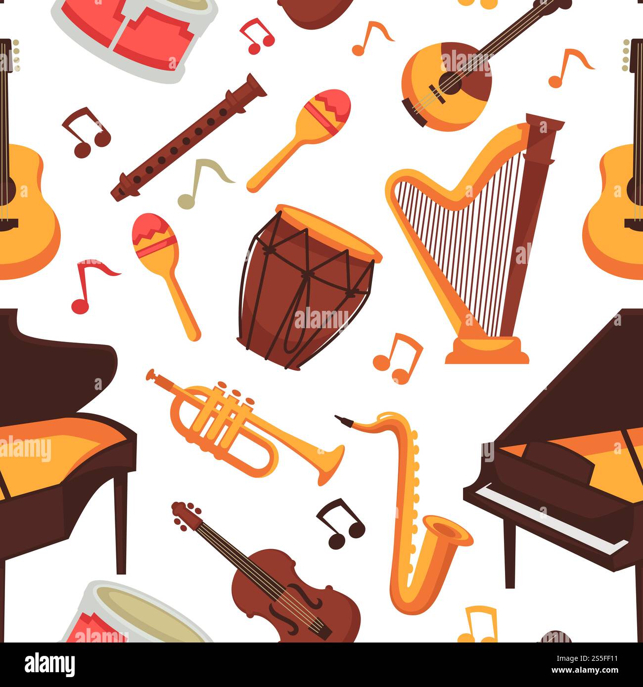 Musical instruments flat icons seamless pattern. Vector isolated set of ...
