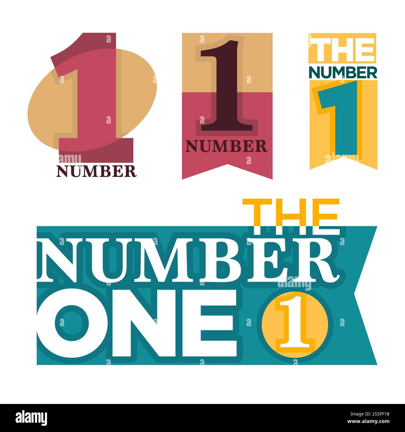 Number one emblems set with stars and ribbons around big numeral ...