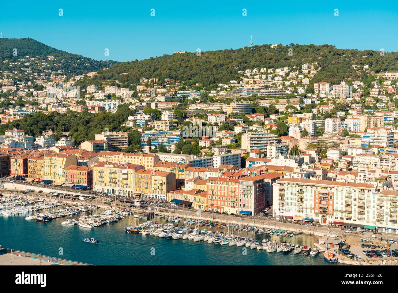 Aerial view of Nice coastal city with colorful buildings and The Nice ...