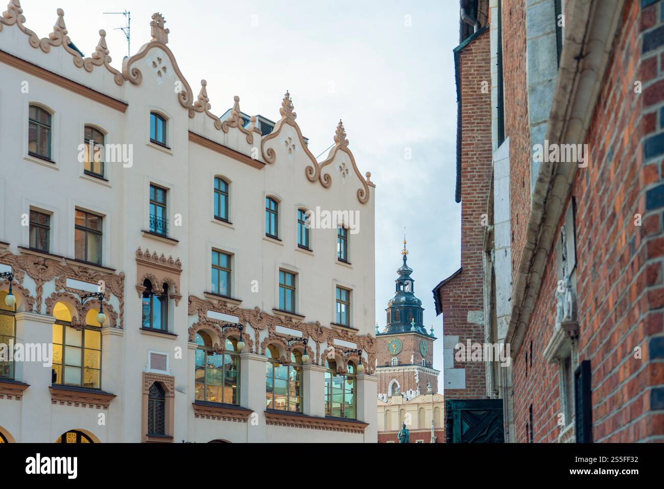 Historic European buildings with ornate facades and the tower of the ...
