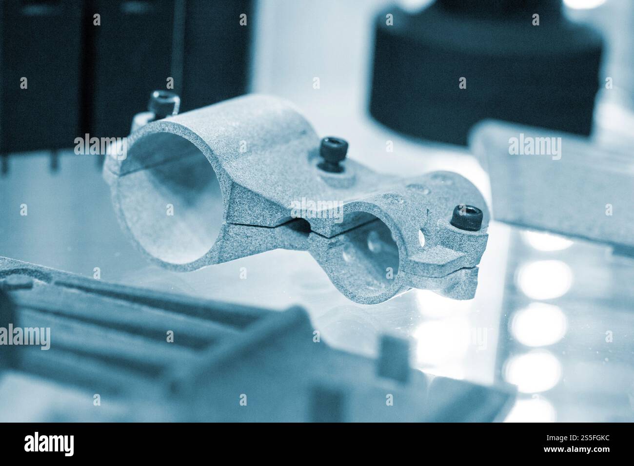 Model printed on 3D printer from grey polyamide powder close-up ...