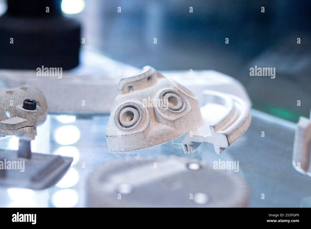 Model printed on 3D printer from grey polyamide powder close-up ...