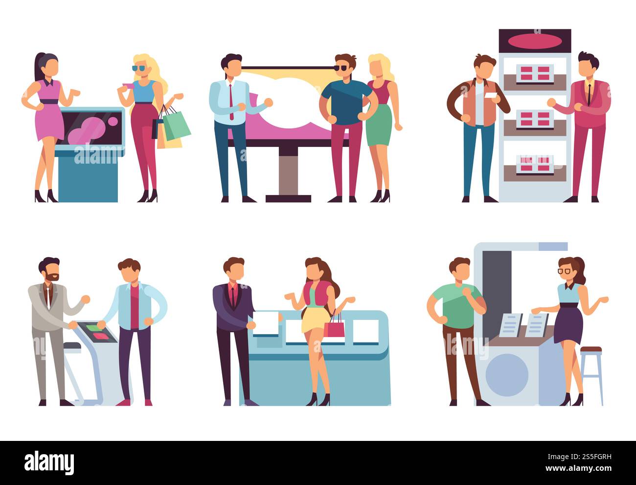 People and product stand. Promoters promote products sample to man and ...