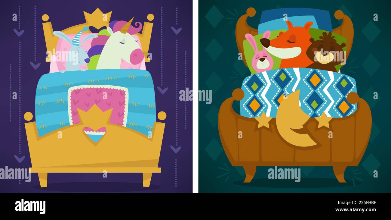 Animals sleeping in bed fairytale pets asleep set vector. Fox and bear ...