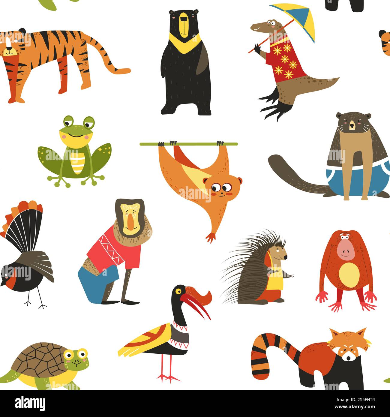 Exotic animals variety seamless pattern isolated on white, lemur and ...