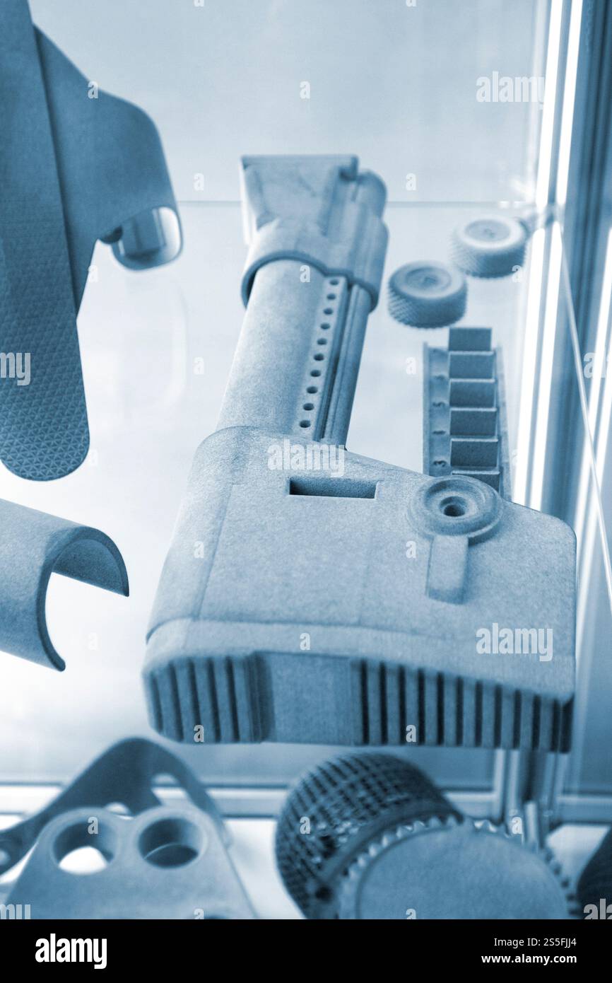 Model printed on 3D printer from grey polyamide powder close-up ...