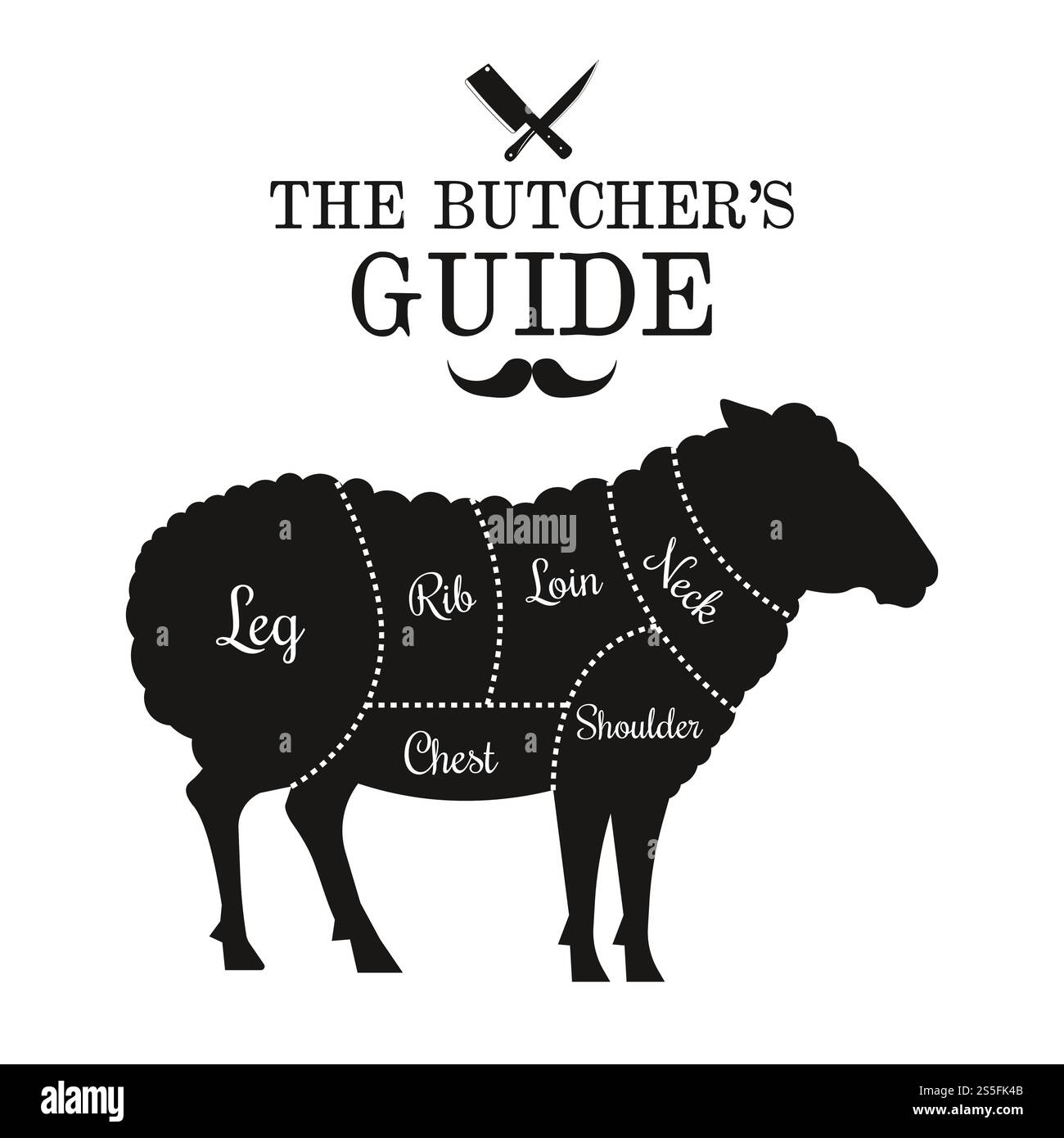 Mutton, lamb meat cut lines diagram on the outline of a sheep, butcher ...