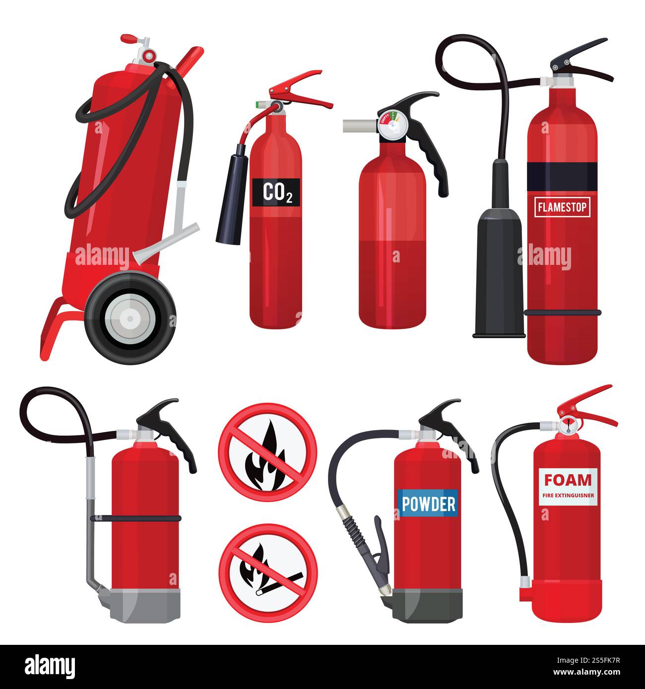 Red fire extinguishers. Firefighters tools for flame fighting attention ...