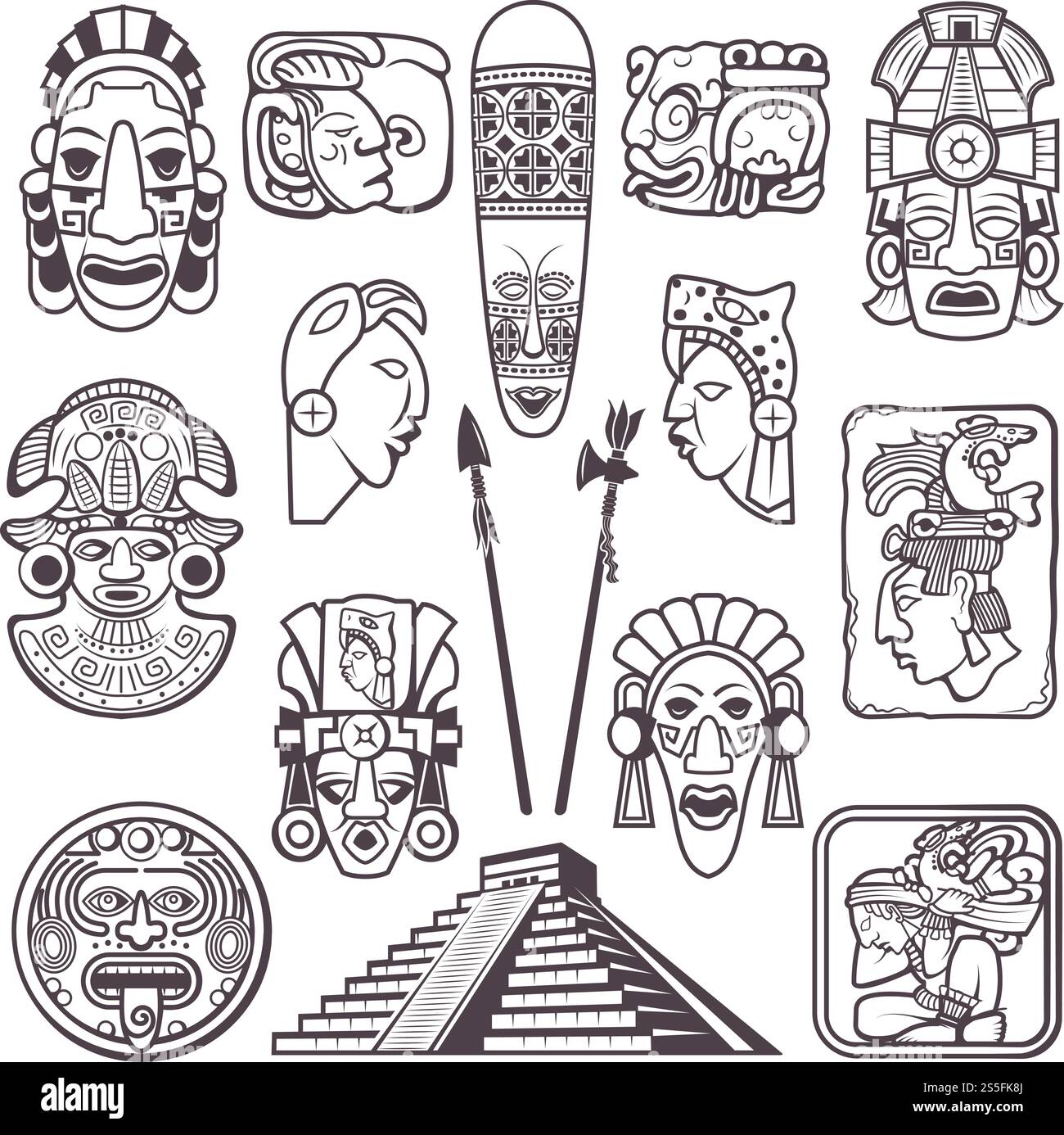 Monochrome pictures set of mayan culture symbols. Tribal masks and ...