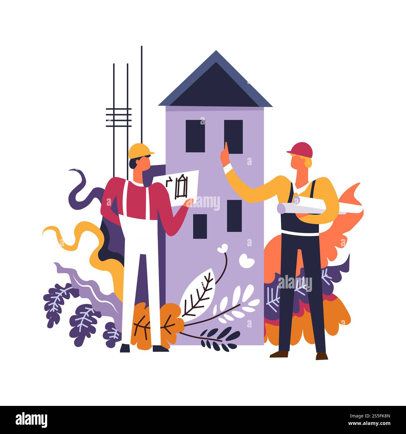 Builders working on house construction reading plans charts on paper ...