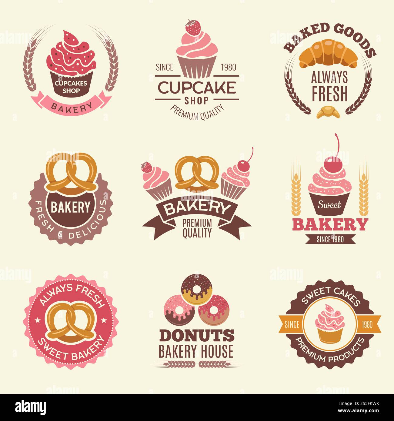 Bakery retro labels. Cupcakes donuts cookies and fresh bread vintage ...