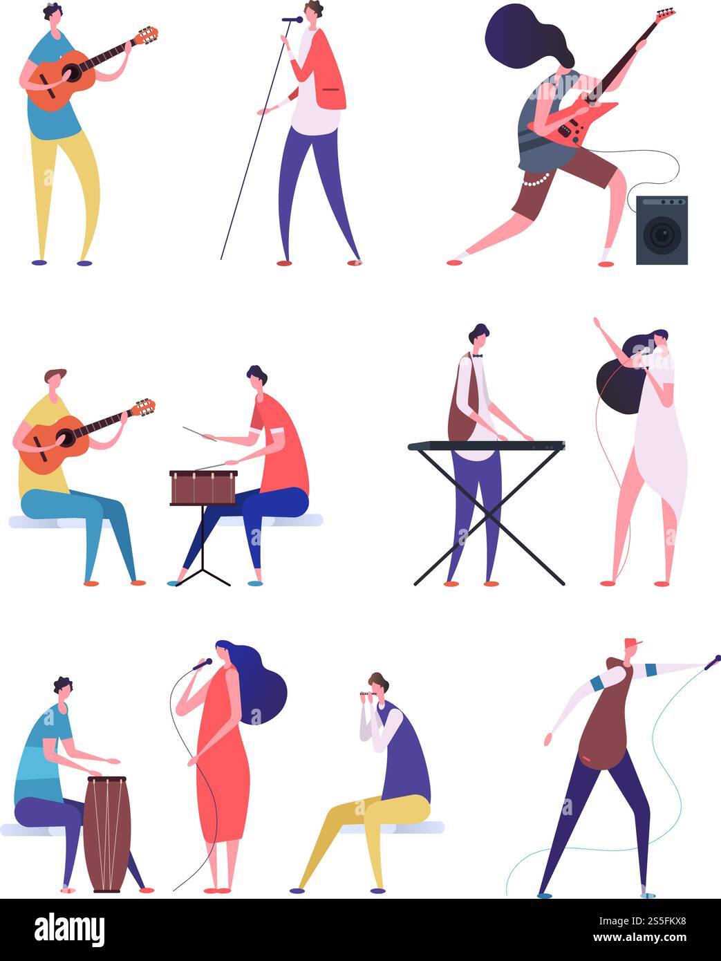 Musicians set. People performing rock music. Artist with musical ...