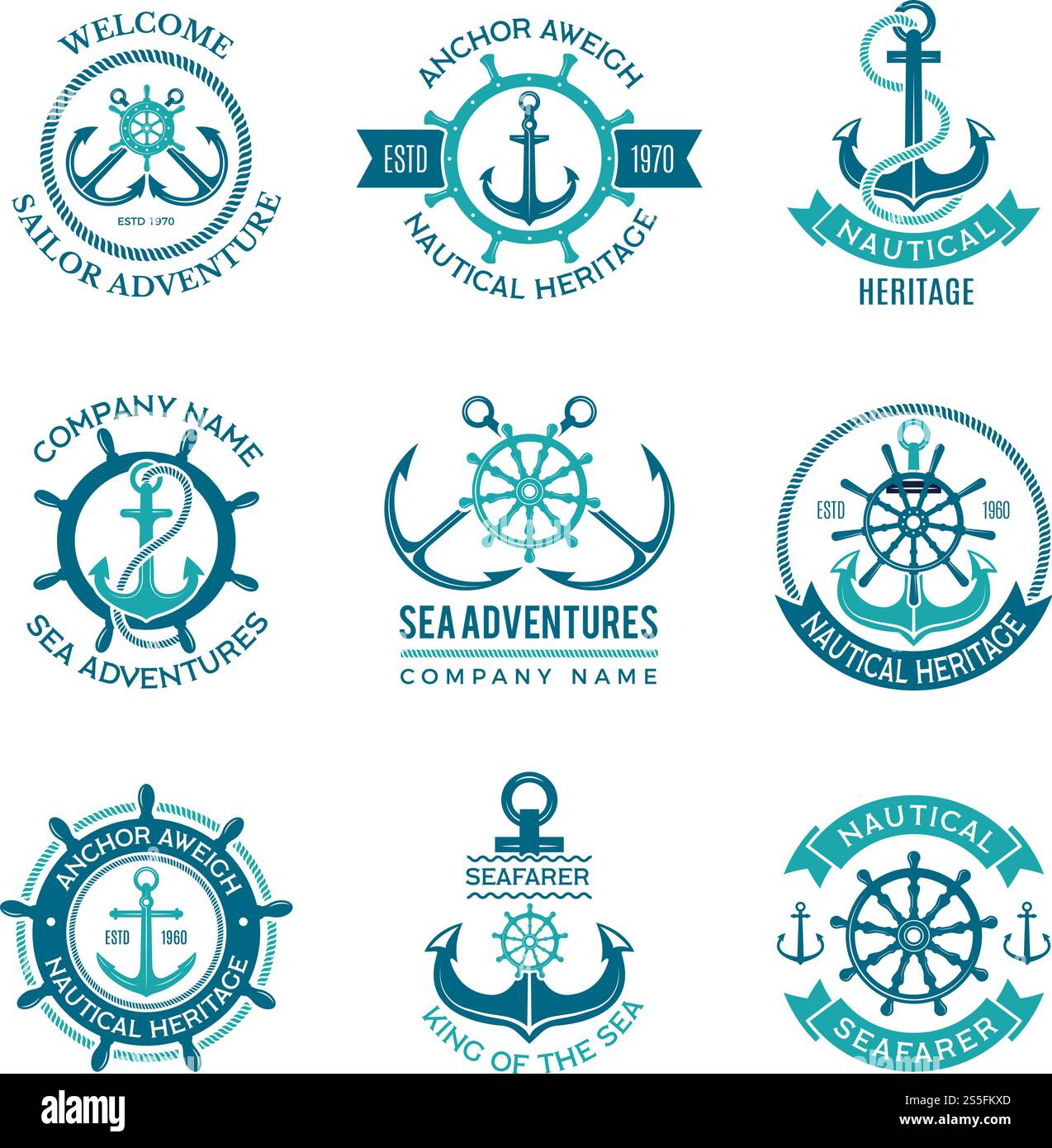 Marine logo. Nautical vector emblem with ship anchors and steering ...