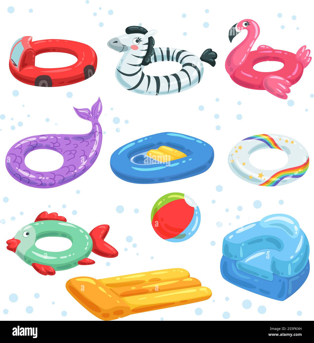 Various rubber equipment for water park. Vector pictures of inflatable ...