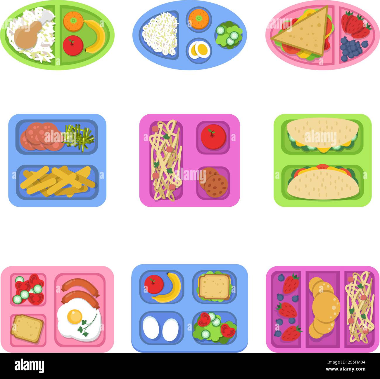 Lunch boxes. Food containers with fish, meal eggs sliced fresh fruits ...