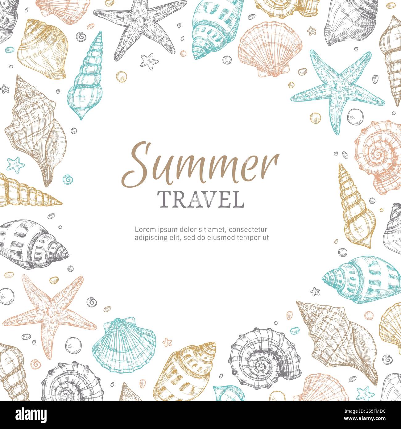 Seashell background. Vintage summer sea shells seastar banner etching ...