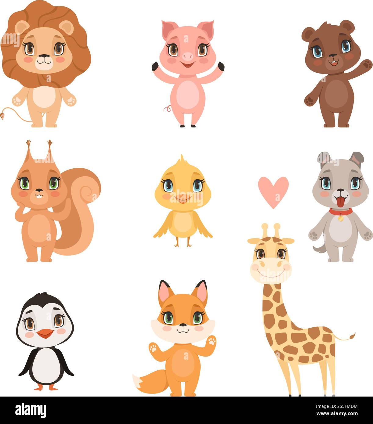 Animal baby cartoon. Domestic pig dog and wild lion bear squirrel and ...