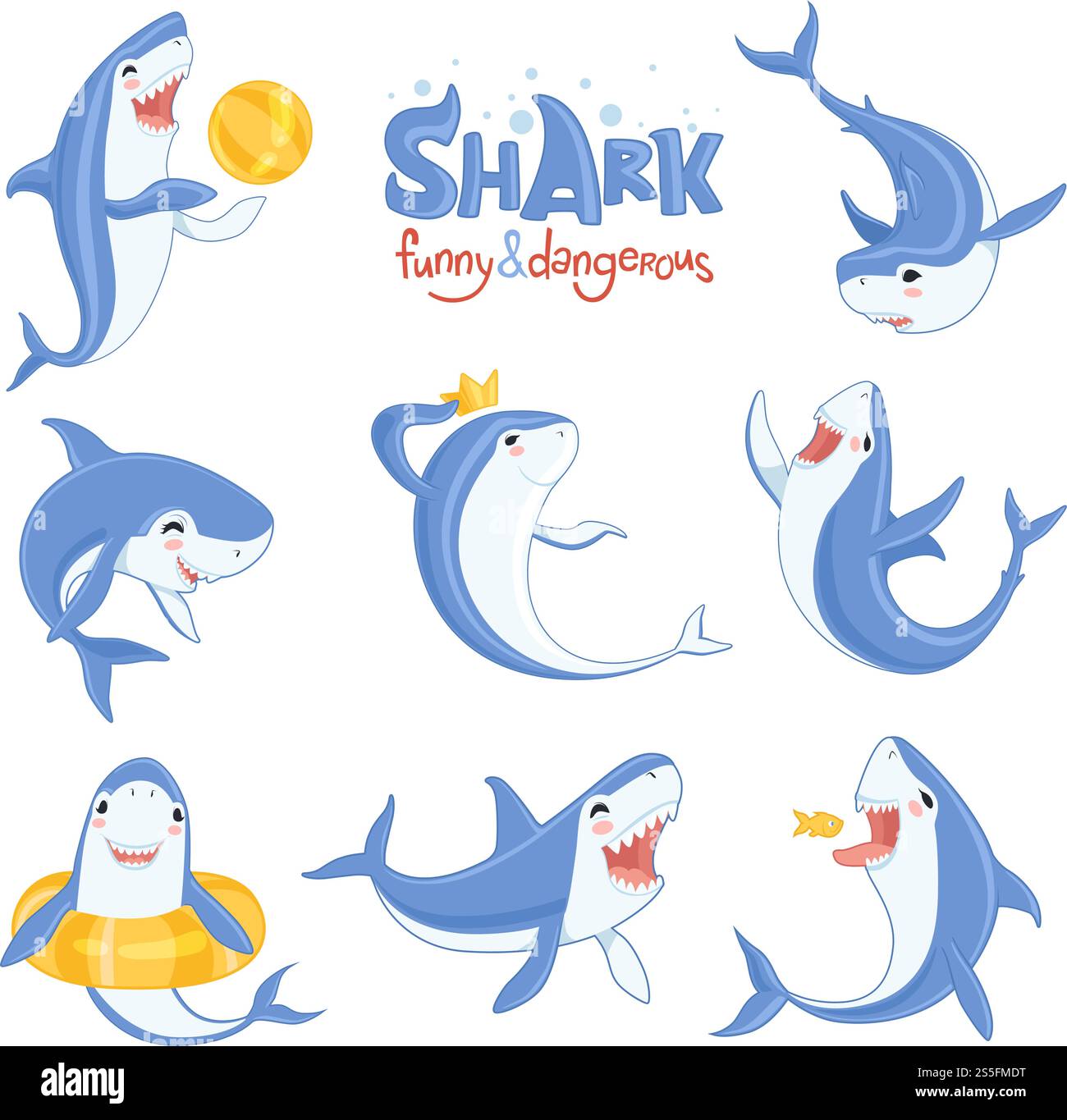 Cartoon shark swimming. Ocean big teeth blue fish smiling and angry ...