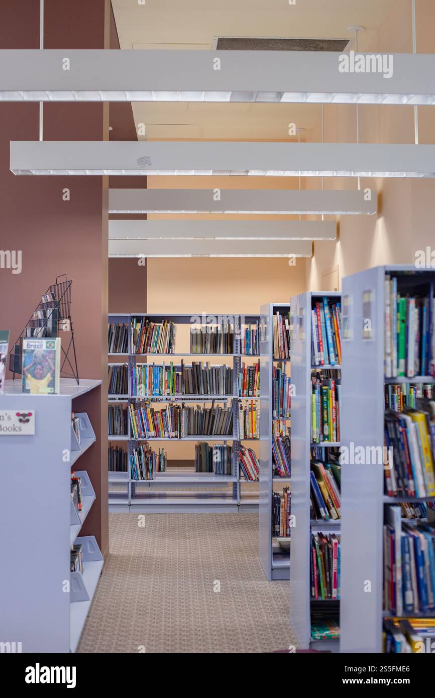Interior view of a library with bookshelves lined with books and bright ...