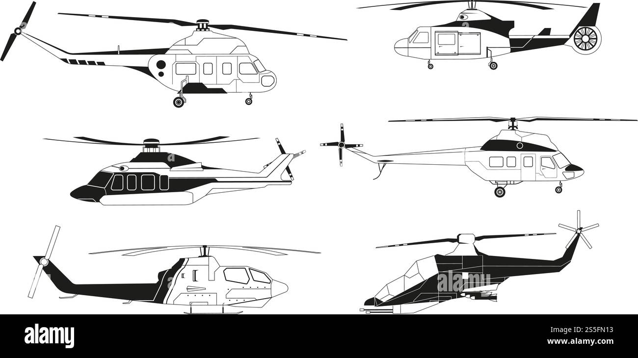 Black helicopters silhouettes. Vector pictures of avia transportation ...