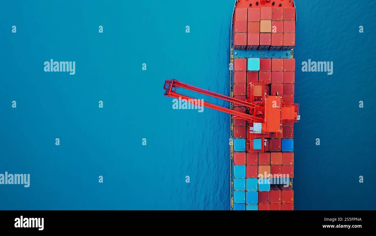 Aerial view of a large port crane loading cargo containers onto a massive cargo ship ...