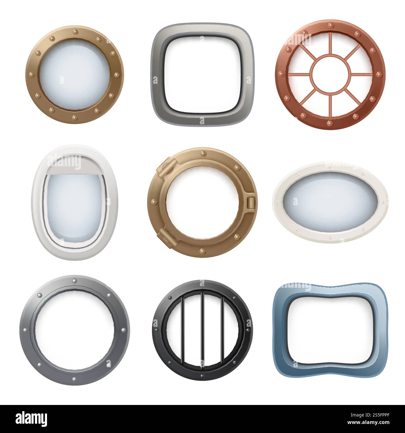 Plane window. Ship boat round glass portholes aircraft interior vector ...