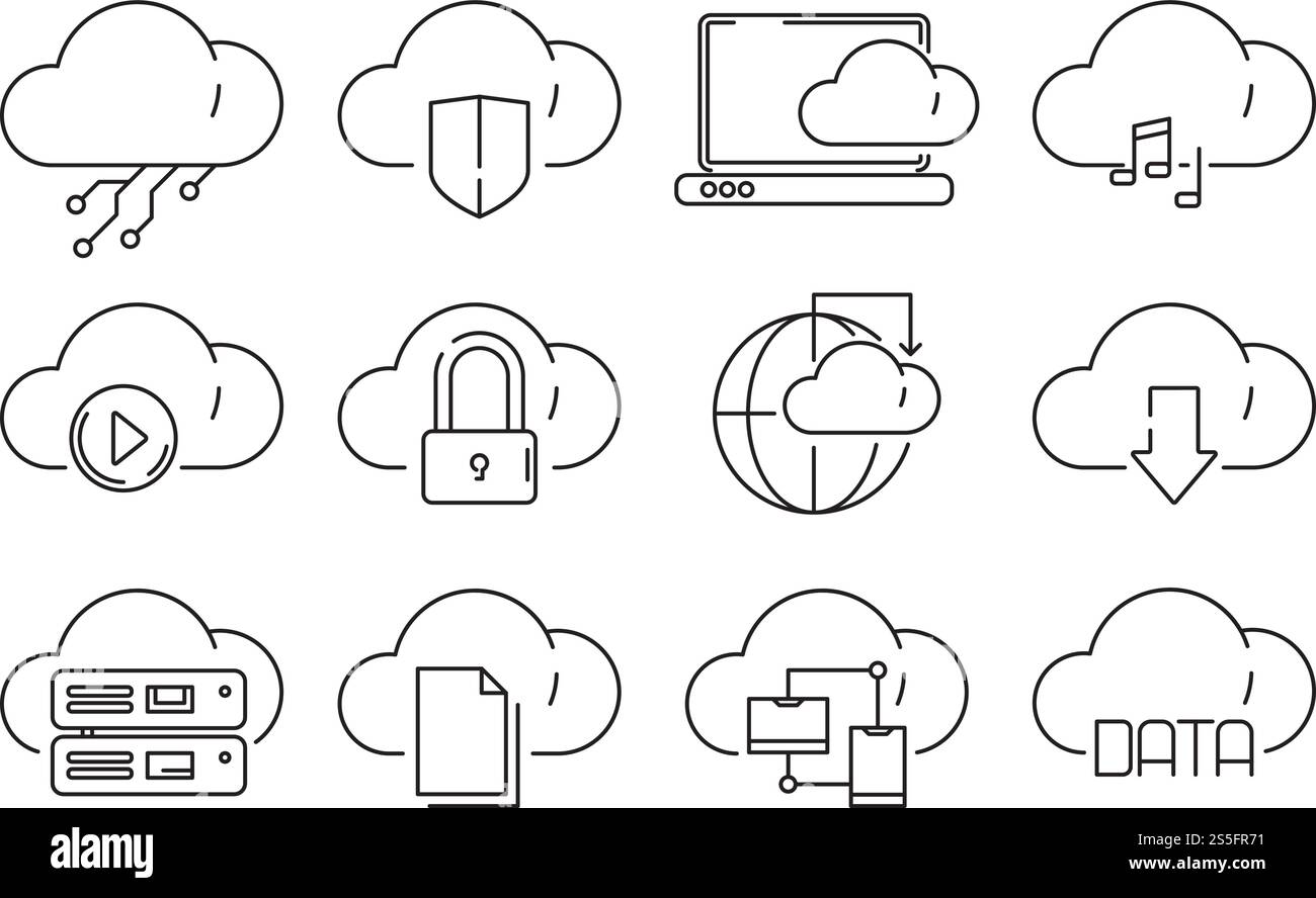 Web cloud services icons. Internet sync computer technology infographic vector linear symbols ...