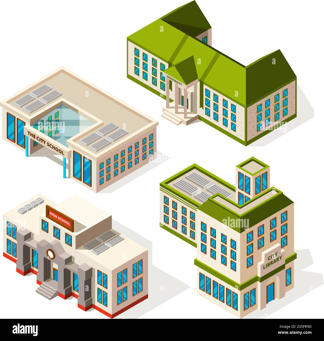 School buildings. Isometric 3d pictures of school or institute ...