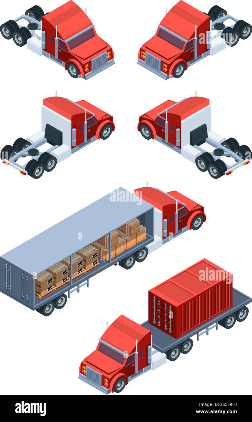 Various freight transport. Pictures of isometric trucks. Vector truck ...