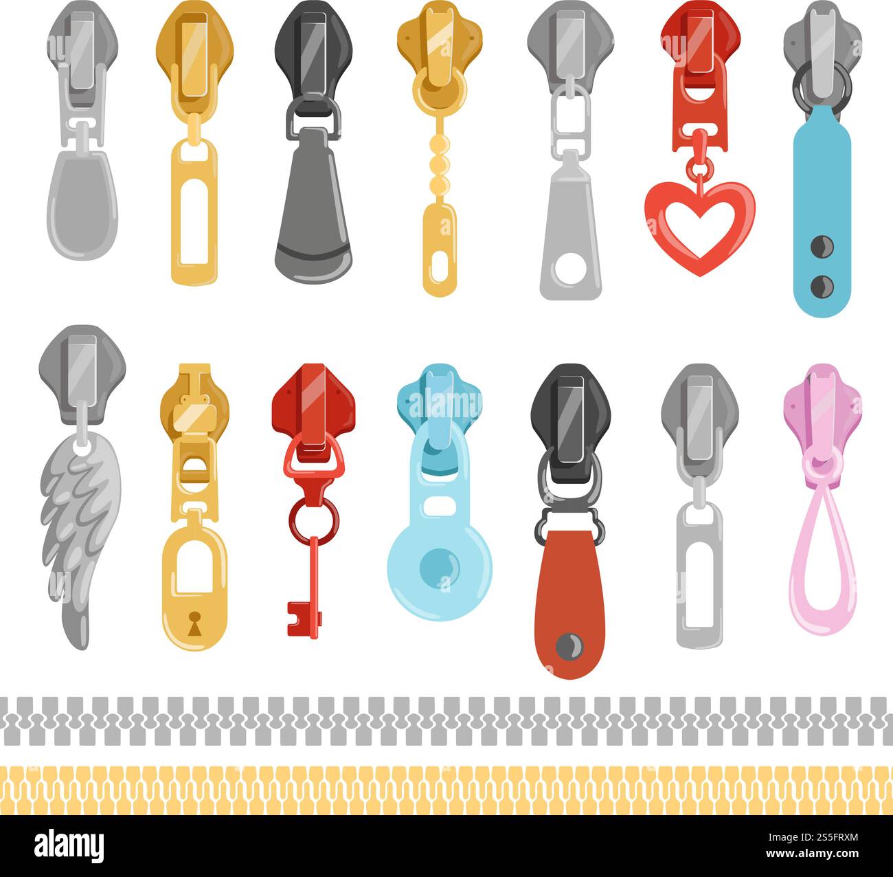 Metallic zippers. Vector tools for clothes. Illustration of zipper metal, fastener fashion zip ...