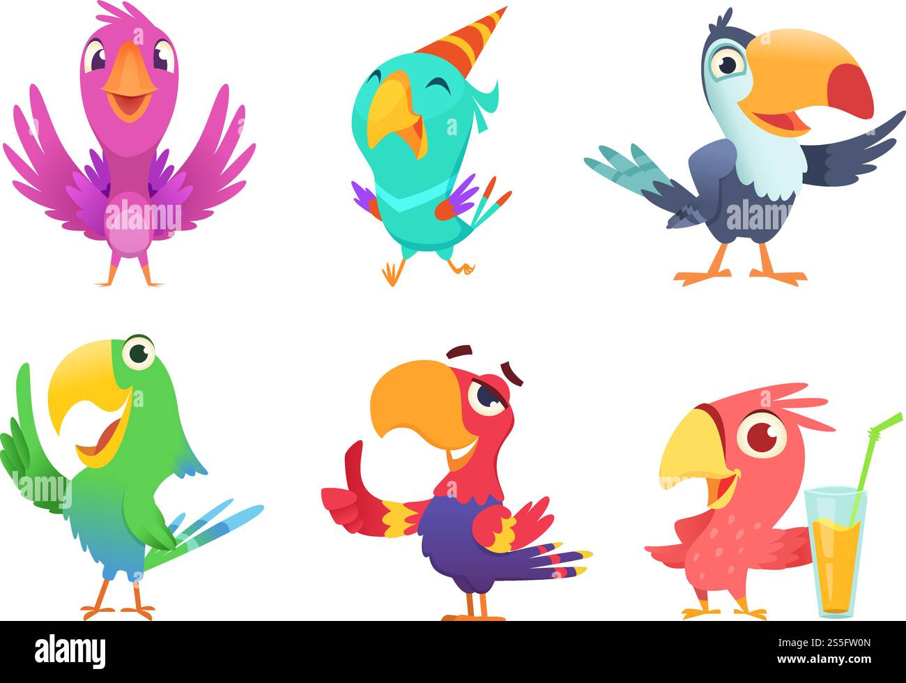 Cartoon parrots characters. Cute feathered birds with colored wings ...