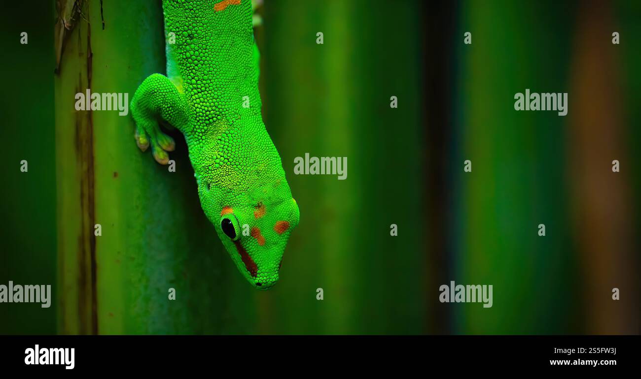 Close-up of a vibrant green gecko resting on a mossy branch in a dark ...