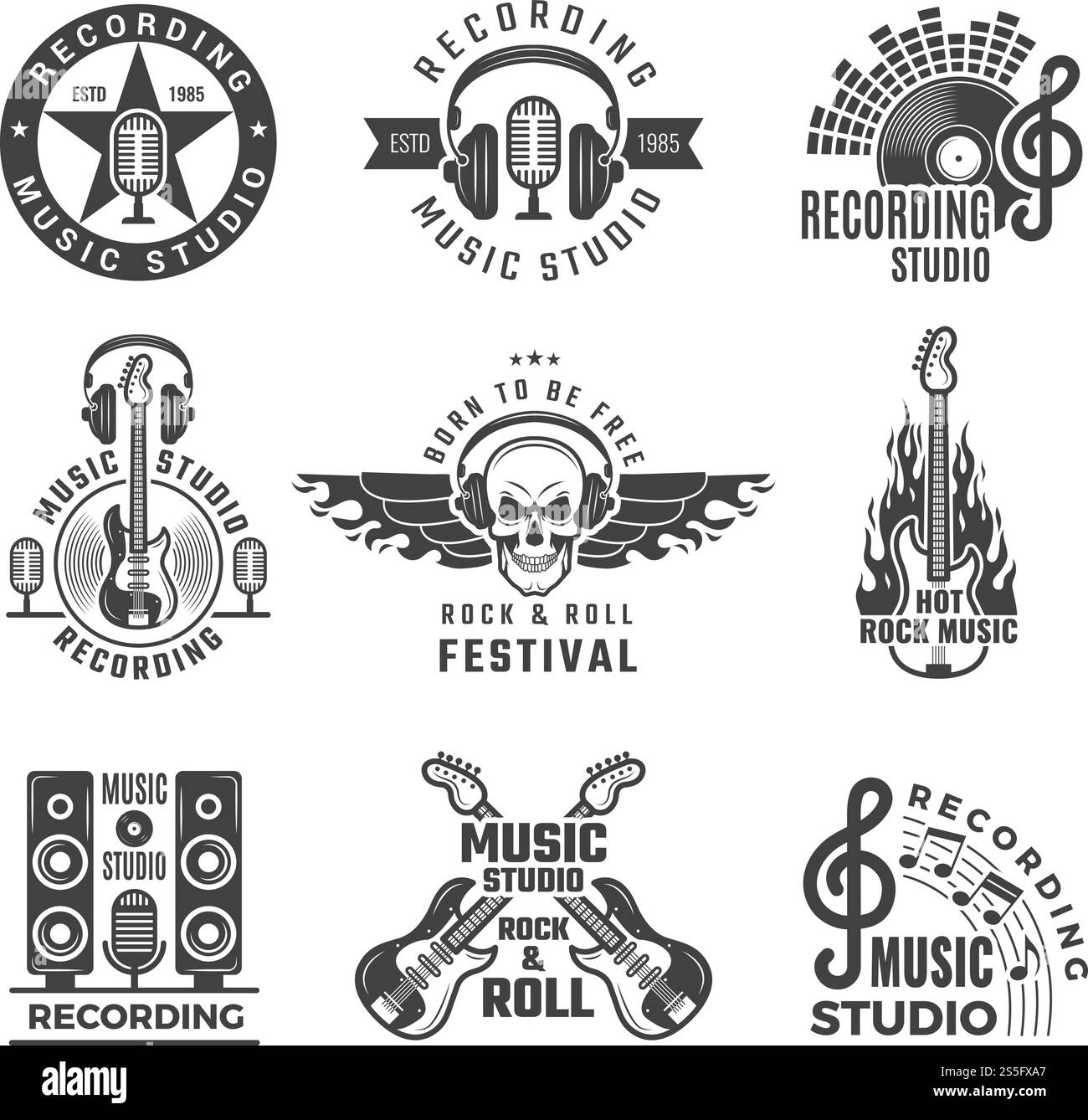 Music labels. Microphone big speaker drums and headphones vector ...
