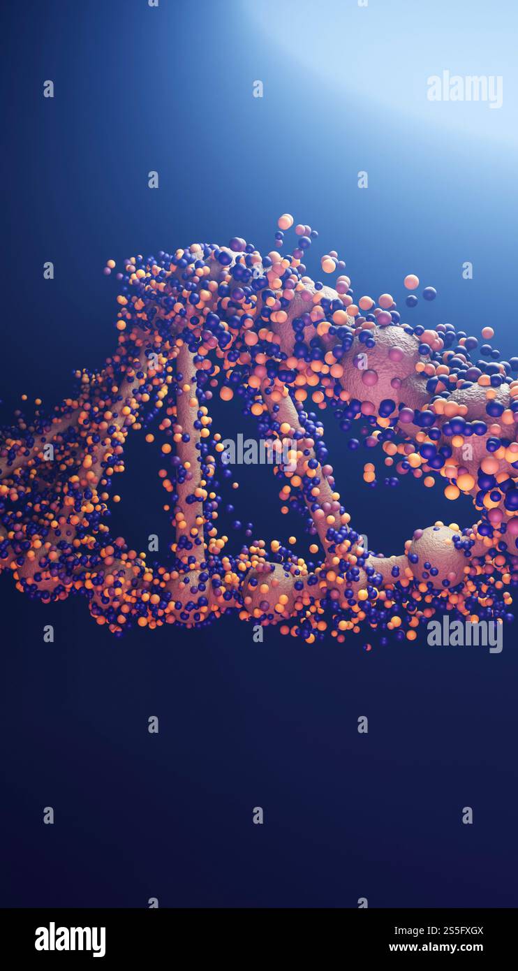 Abstract digital representation of a DNA double helix structure made of colorful particles ...
