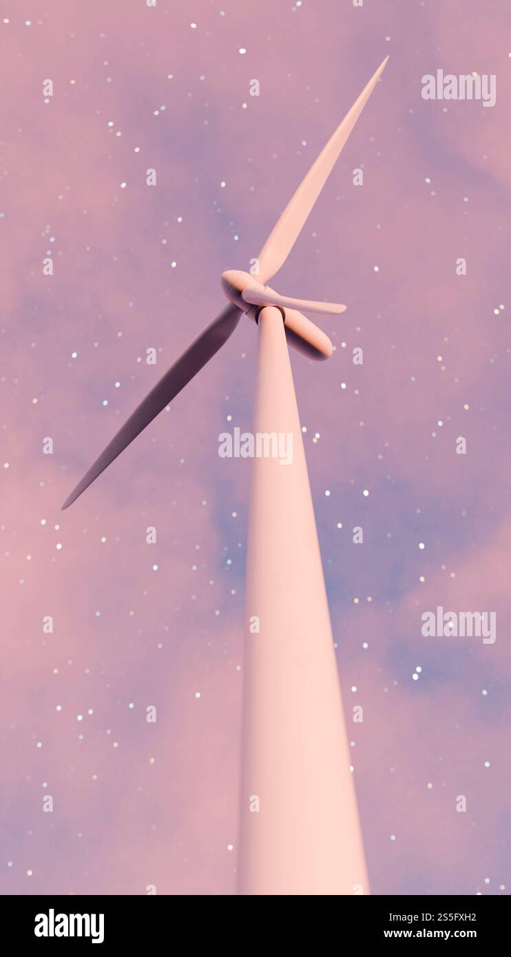 Illustration: of a pink wind turbine against a starry pastel sky ...