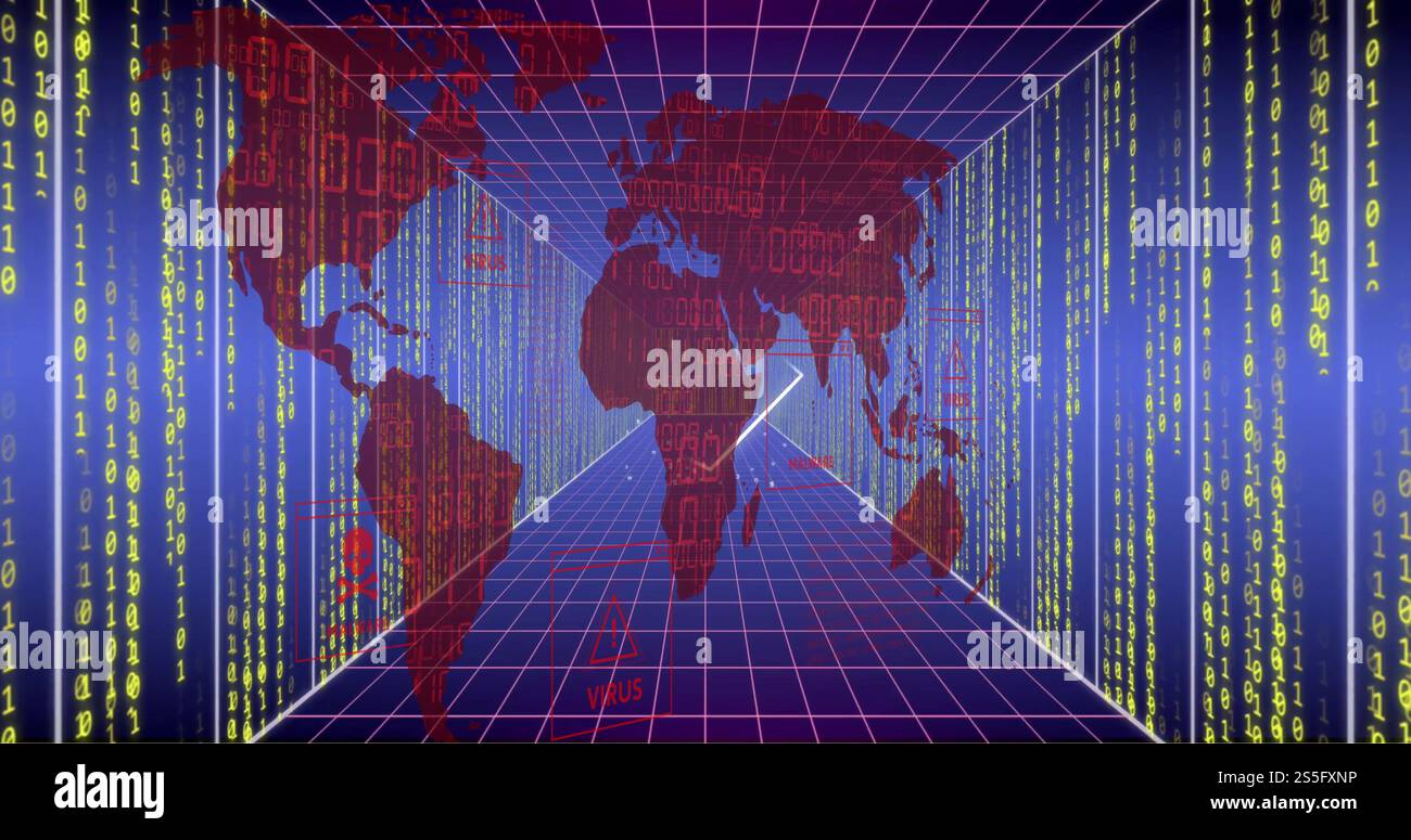 Image Of World Map Binary Coding And Data Processing Over Dark