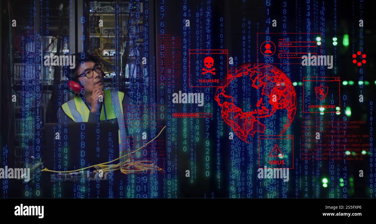 Image of globe and data processing over asian male it engineer and computer servers Stock Photo ...