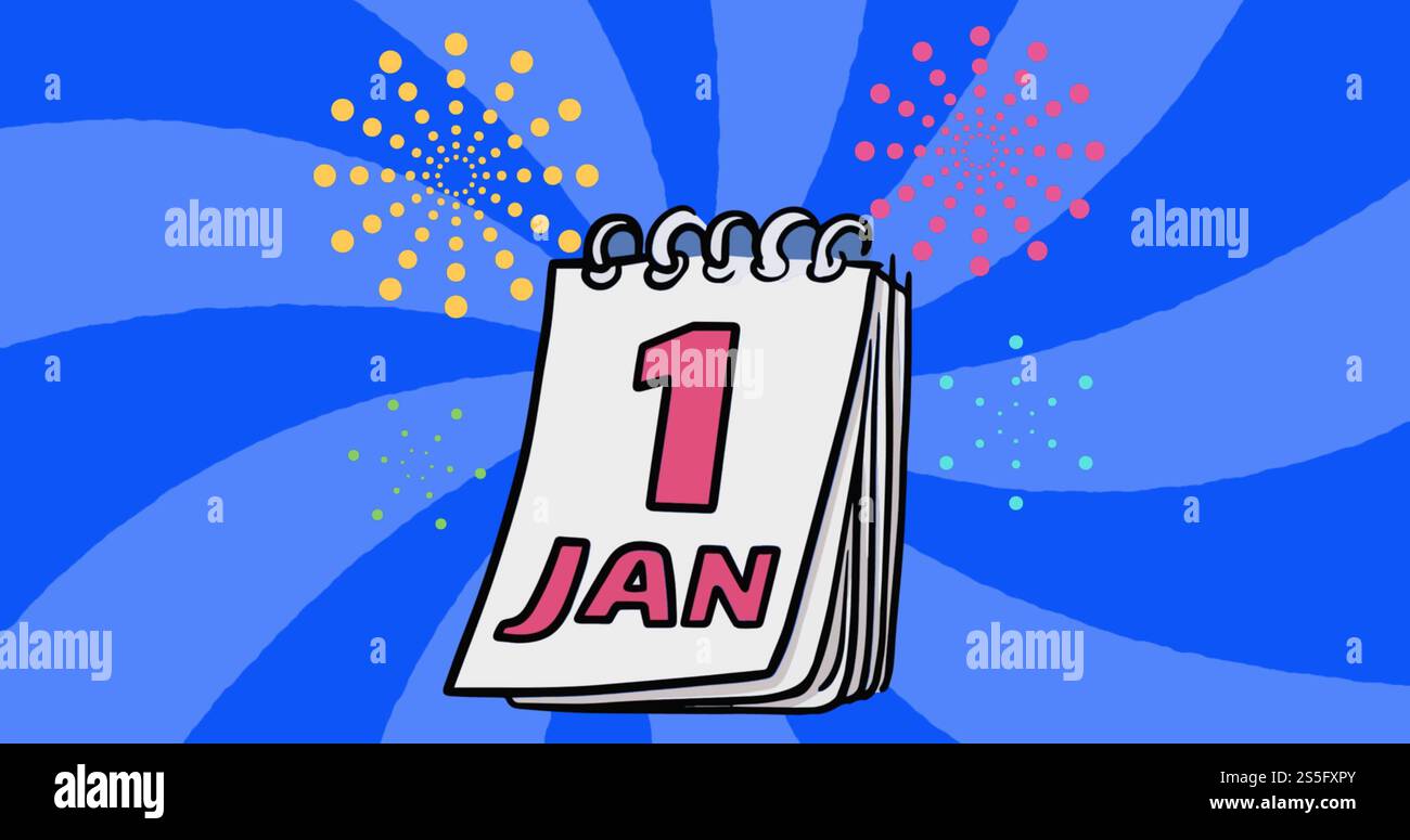 Image of 1 jan text on calendar with blue stripes spinning background ...