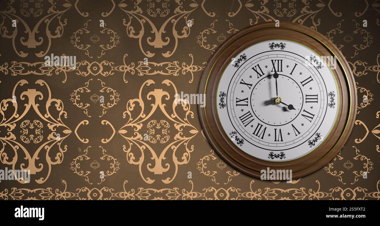 Image of retro clock ticking showing midnight with gold patter on brown ...