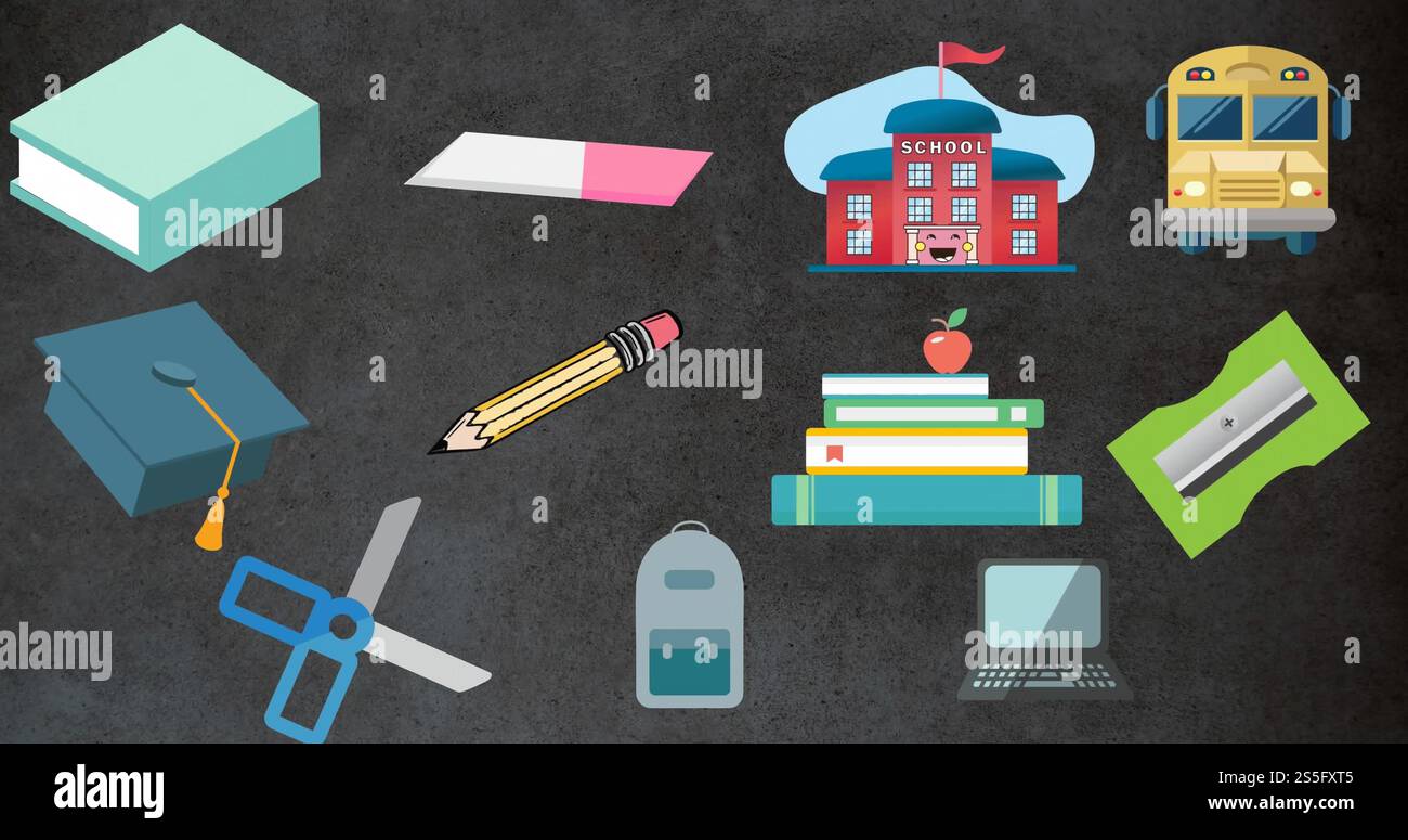 Image of board over school items icons Stock Photo - Alamy