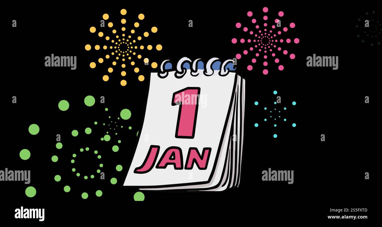 Image of 1 jan text on calendar over fireworks exploding on black ...