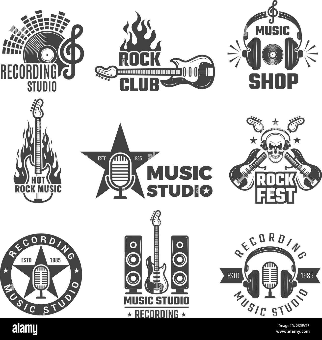Black music labels. Vintage vinyl cover record microphone and ...