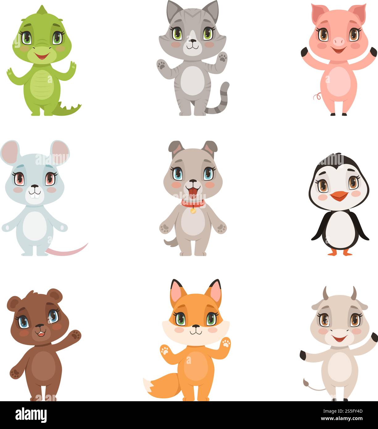 Animal kids collection. Wild crocodile bear penguin fox domestic little ...