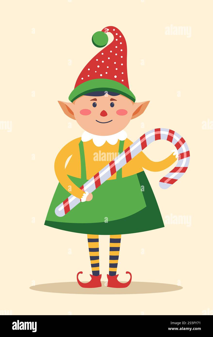 Elf wearing traditional clothes holding candy stick lollipop vector ...