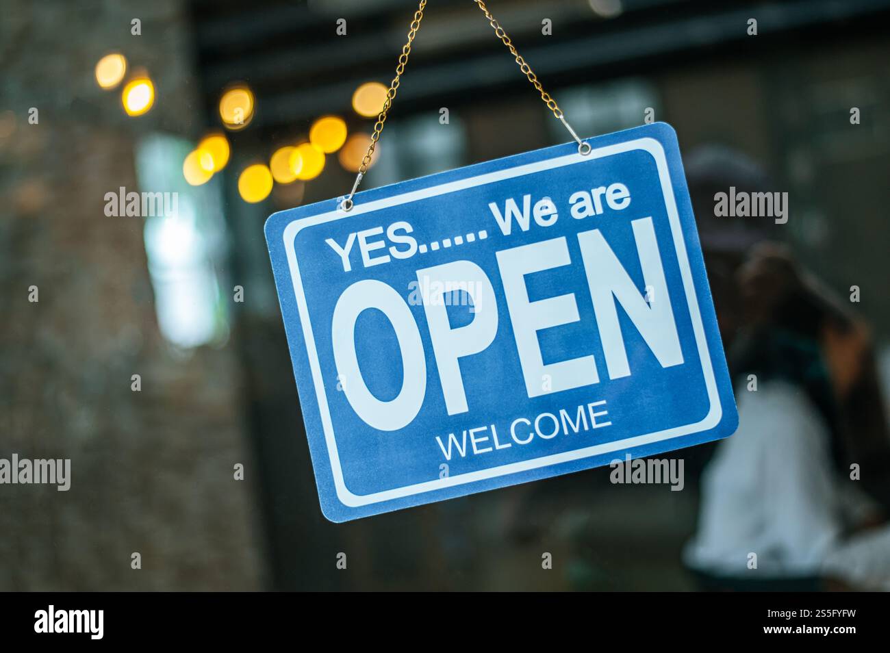 open sign broad through the glass of window at coffee shop Stock Photo ...