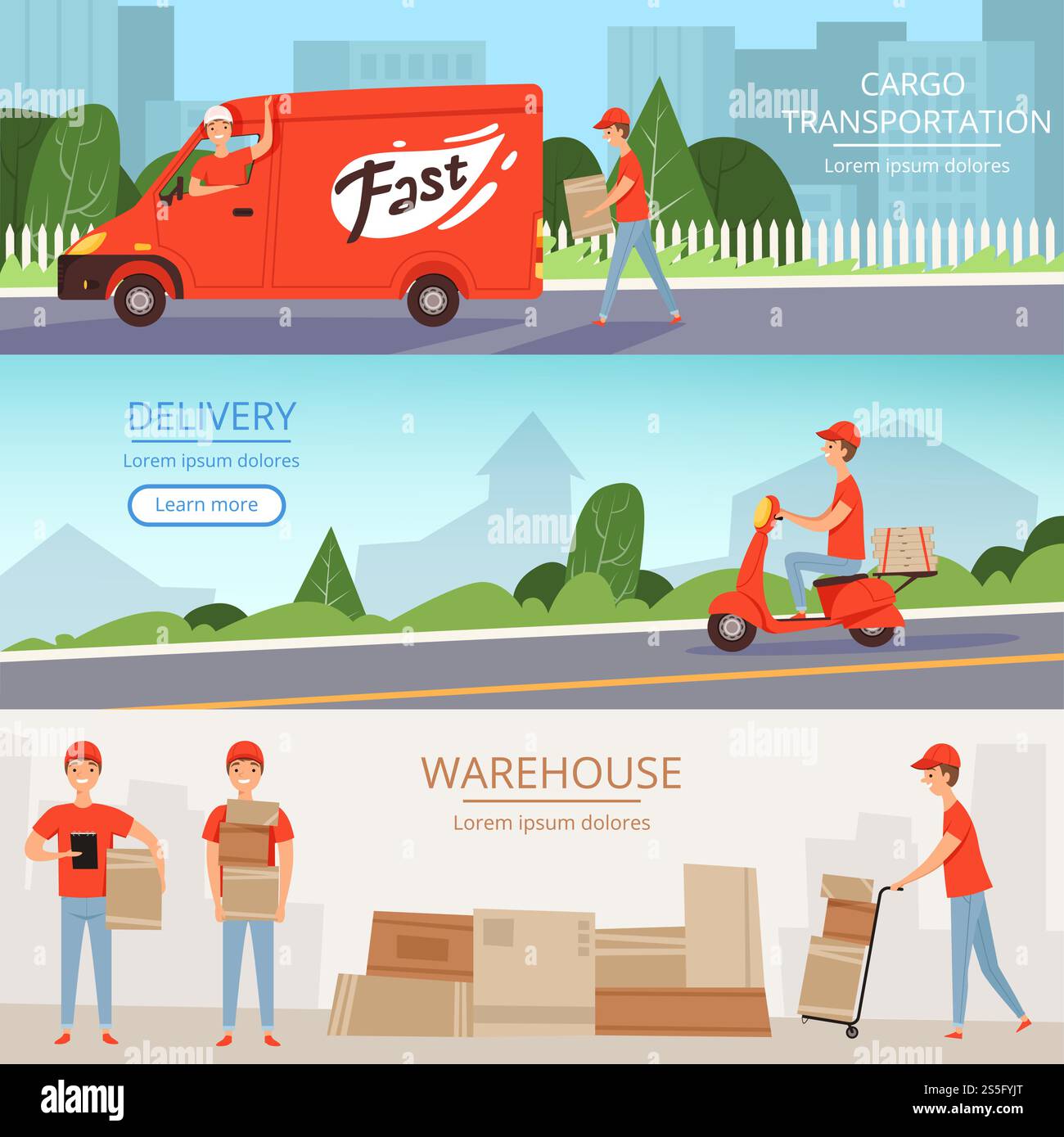 Delivery service banners. Cargo warehouse workers pizza and food ...