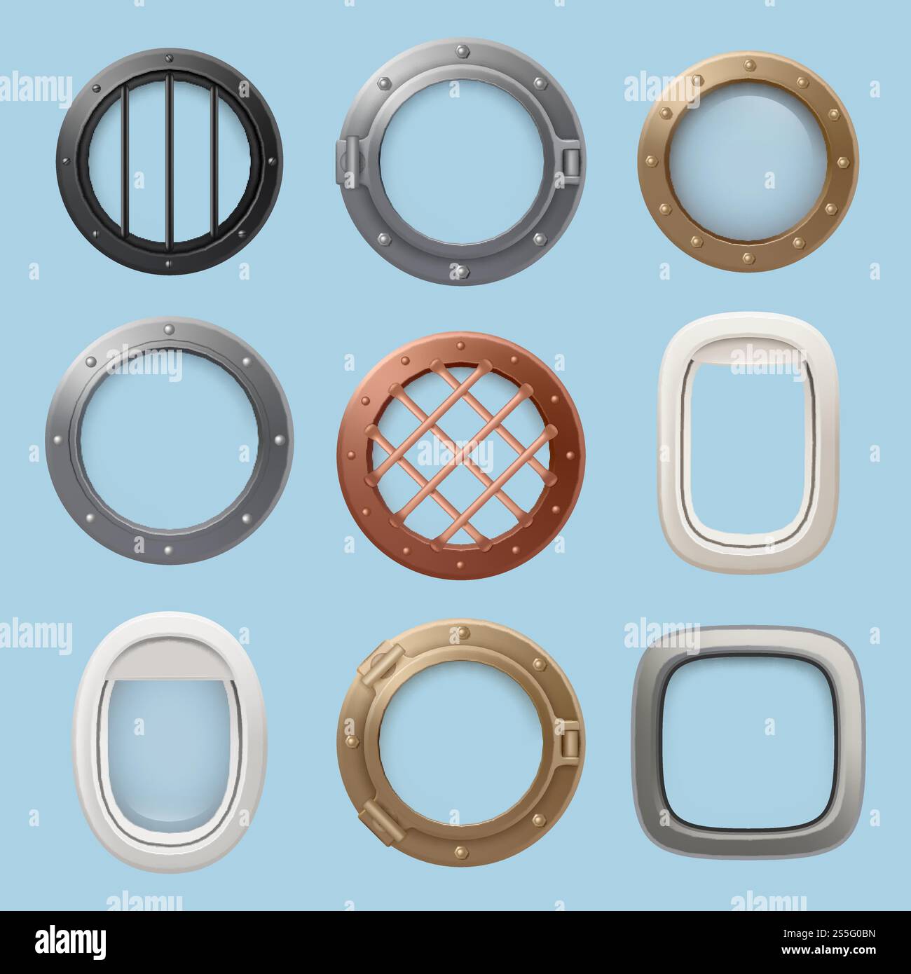 Aircraft window. Plane, jet ship or submarine interior with futuristic ...
