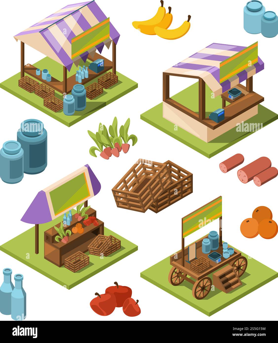 Local farm isometric. Outdoor marketplaces with country food fruits ...